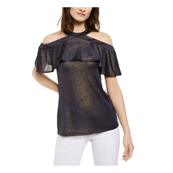 Michael Kors | Tops | Michael Kors Womens Blue Cold Shoulder Ruffled ...